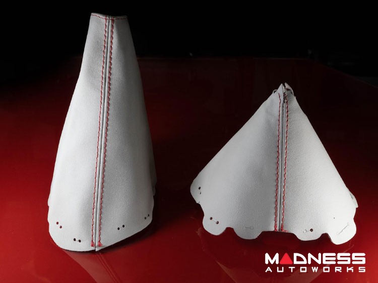 FIAT 124 Spider Gear Shift / eBrake Kit - White Leather w/ Red Stitching, 124-GBWLRS+124-EBWLRS